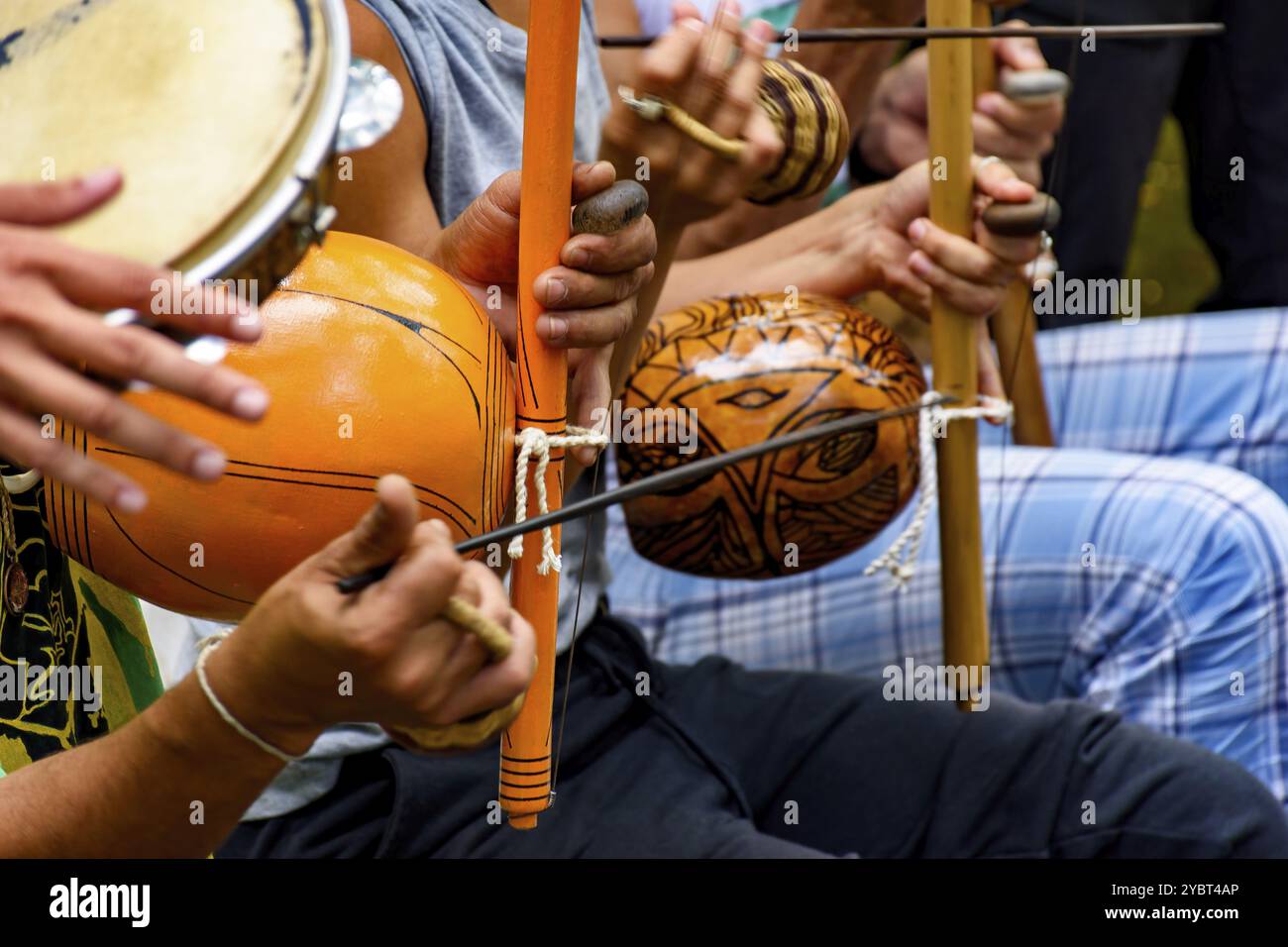 Several afro Brazilian percussion musical instruments during a capoeira ...