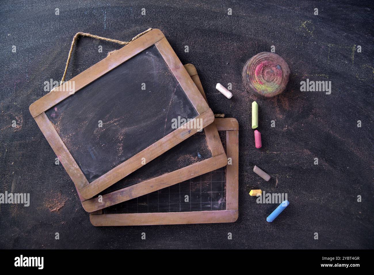 Presentation of small antique school blackboards of the past with chalk ...