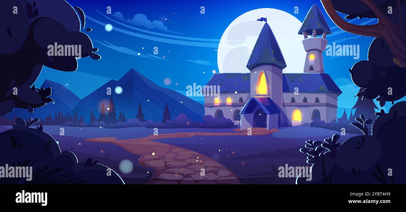 Fairy castle with light in windows at night. Cartoon vector dark dusk ...