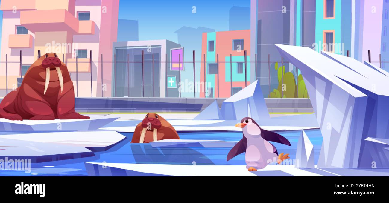 City zoo park outdoor enclosure with northern animals. Cartoon vector ...