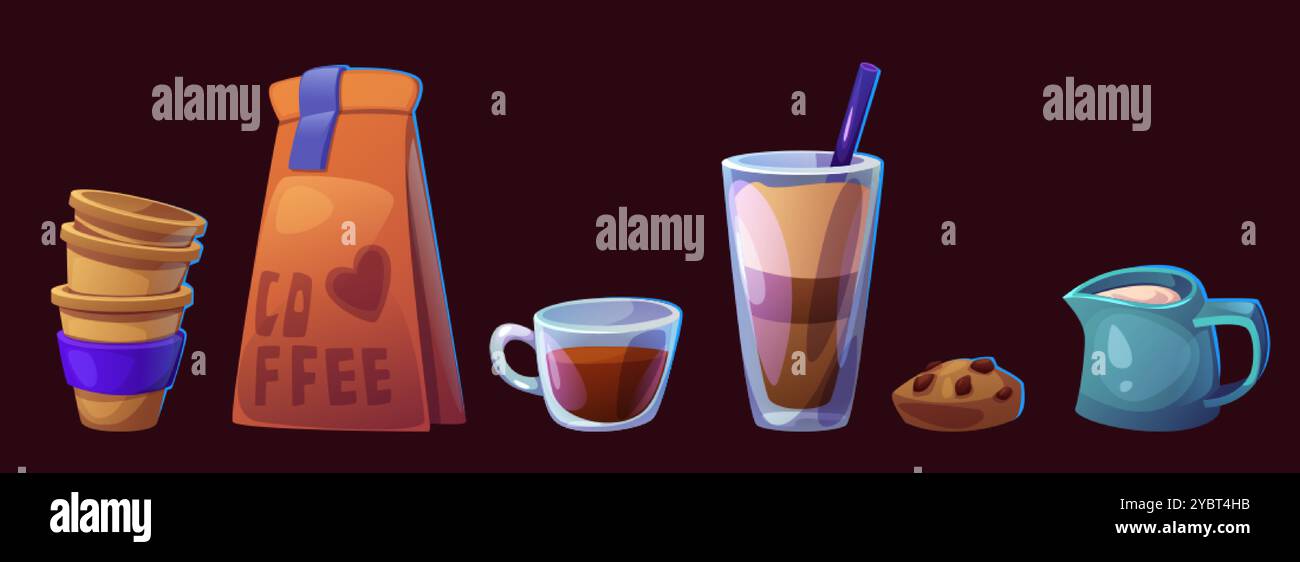 Coffee set isolated on black background. Vector cartoon illustration of ...
