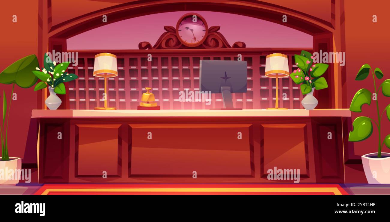 Hotel lobby interior with wooden reception counter, rack with cells for ...