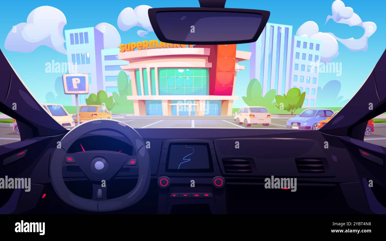 View through windshield of car on supermarket parking area with ...