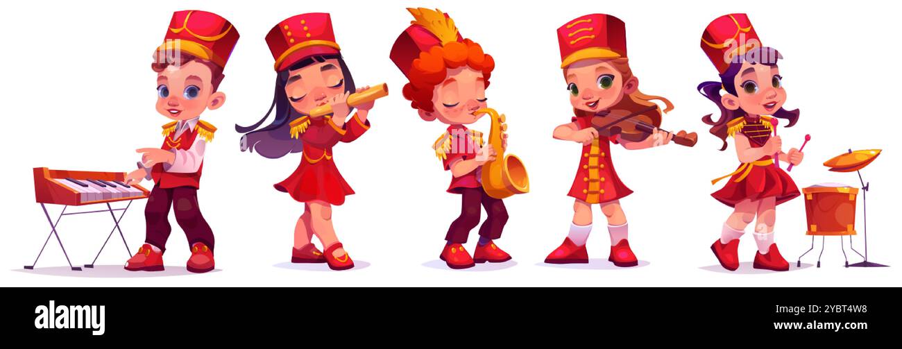 March parade music kid character band cartoon. Drum, trumpet, trombone ...