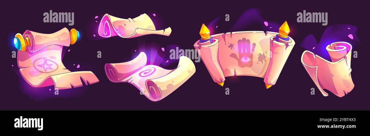 Magic parchment paper and scroll with fantasy glowing ancient wizard ...