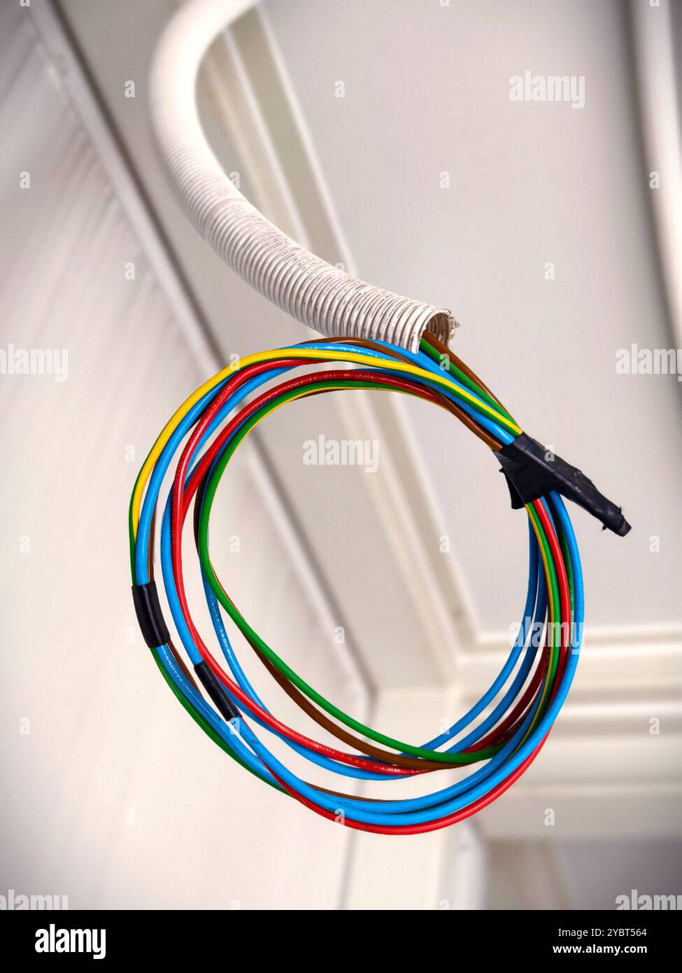 A collection of various wires is hanging down from the ceiling Stock ...