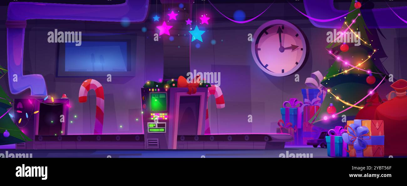 Christmas gift factory interior. Vector cartoon illustration of magic ...