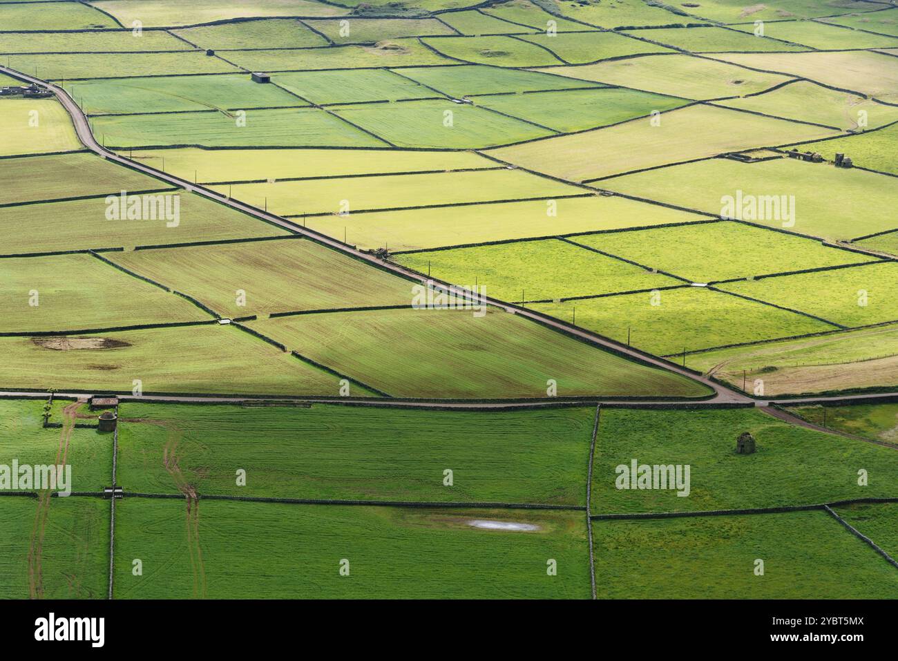 Panoramic aerial view of traditional rural farmland in Terceira Island ...