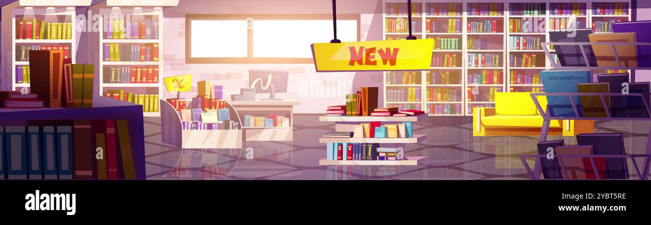 Bookstore interior background. Book store cartoon. School library room ...