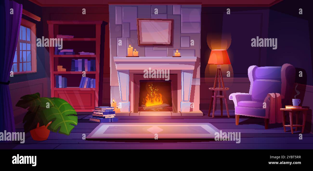 Night living room with fireplace. Vector cartoon illustration of cozy ...