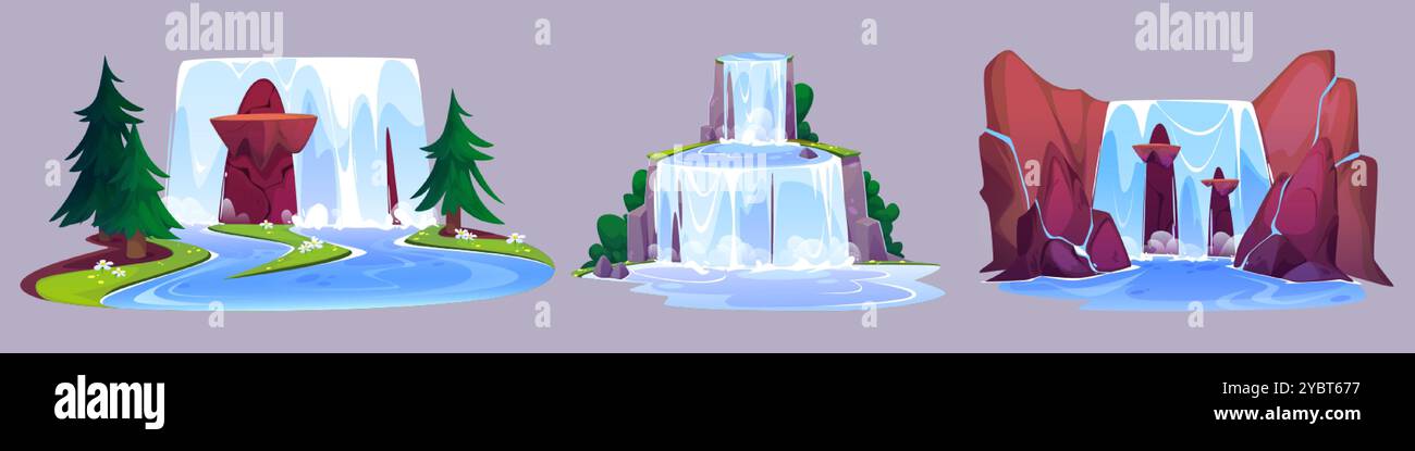 Waterfall cascades set isolated on background. Vector cartoon ...