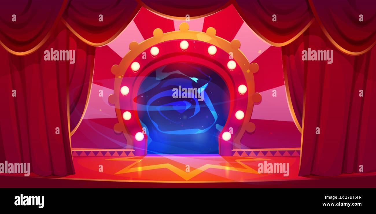 Circus arena with magic portal behind red curtains. Vector cartoon ...