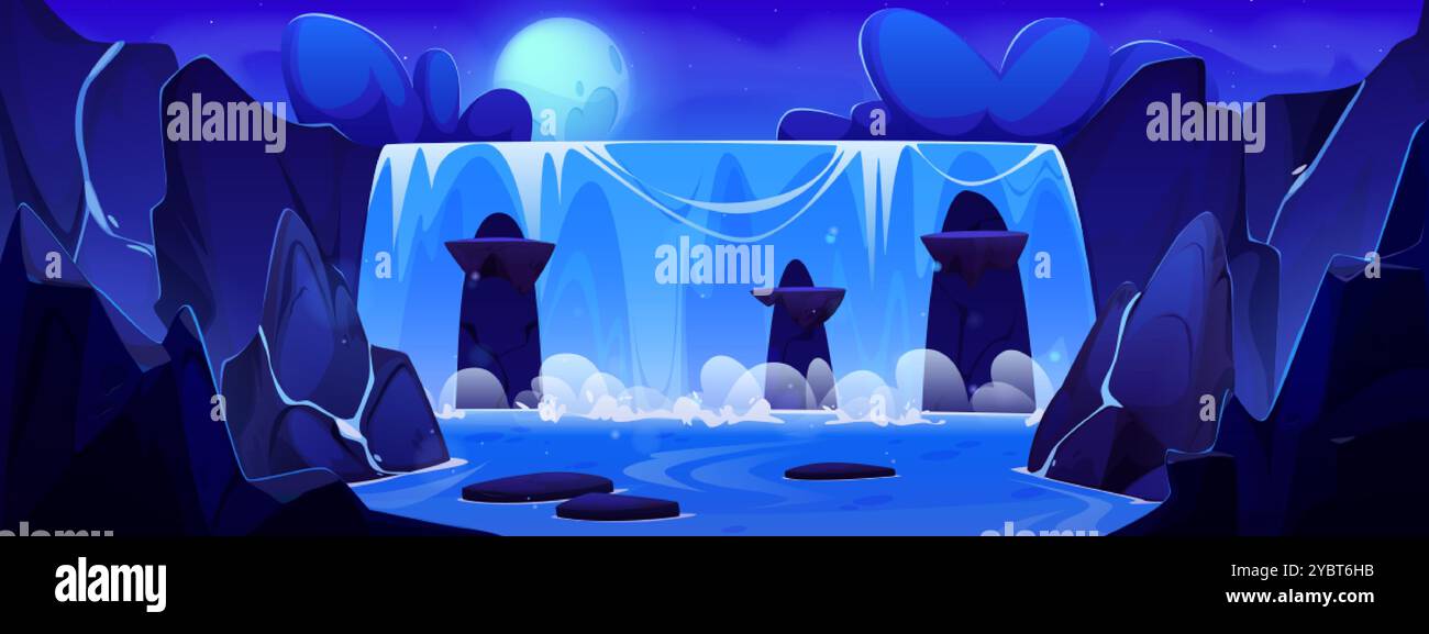 Night waterfall scenery. Vector cartoon illustration river falling down ...