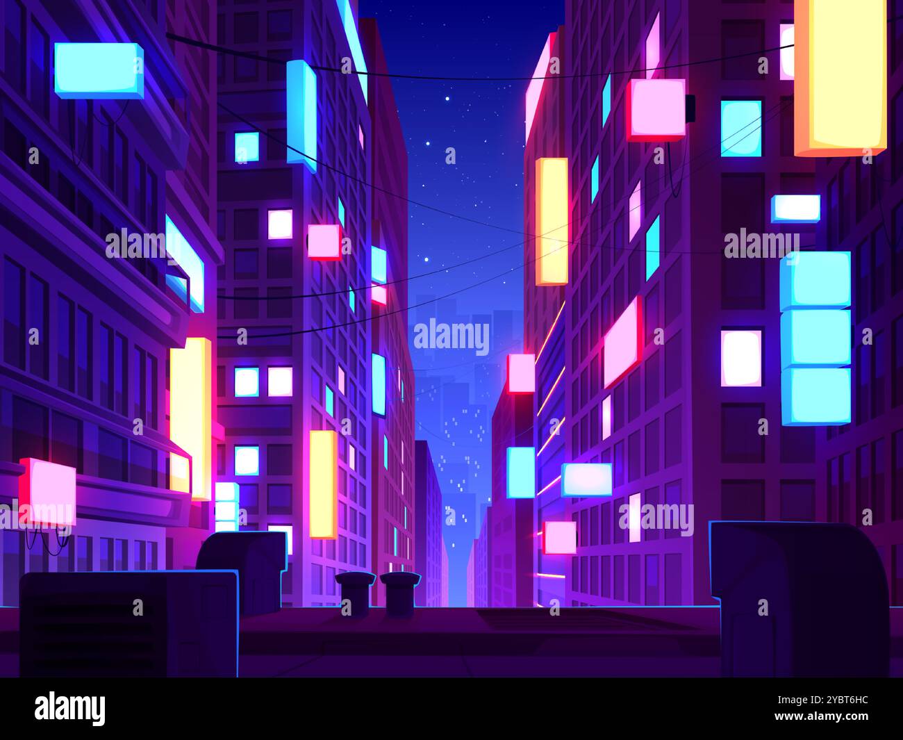 Modern night city rooftop view. Vector cartoon illustration of ...