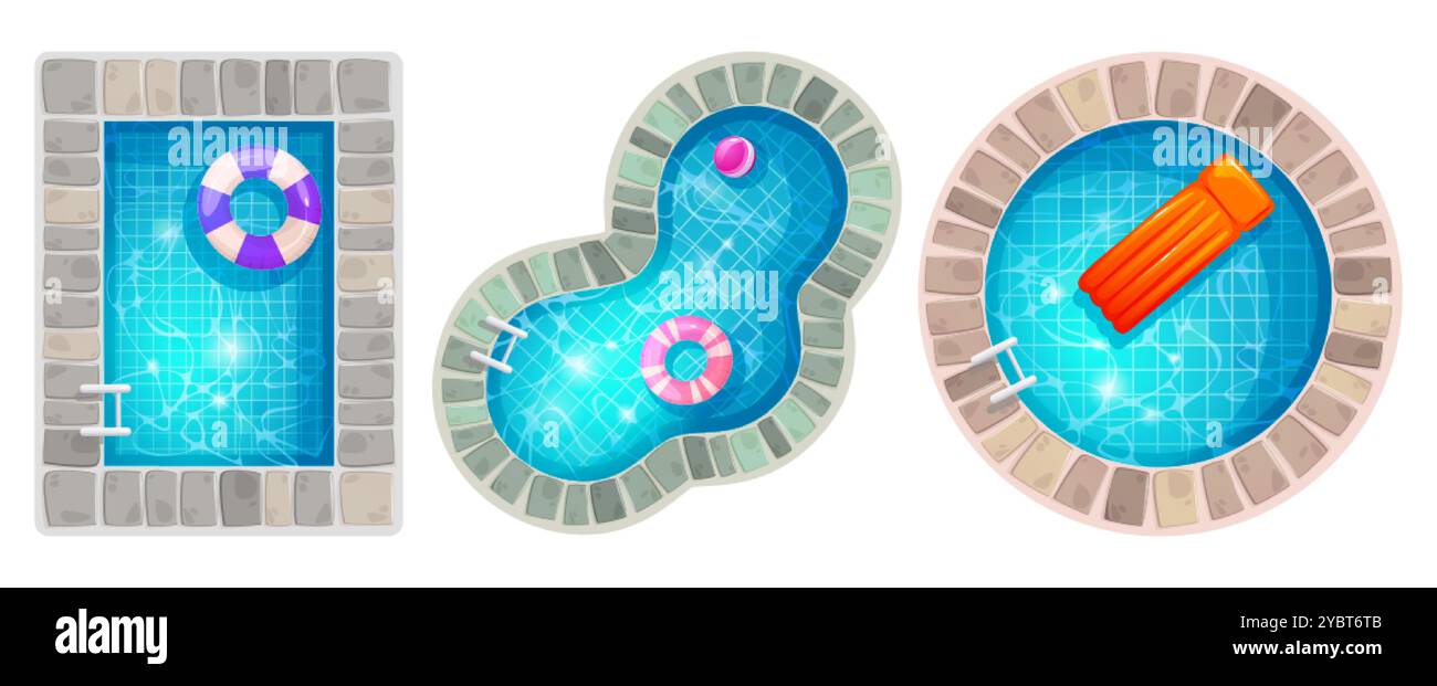 Top view on pools of different shapes with inflatable rings and ...