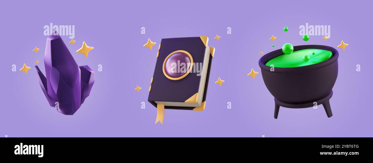 Magic fantasy witch elements and tools - wizard spell book, crystal and ...