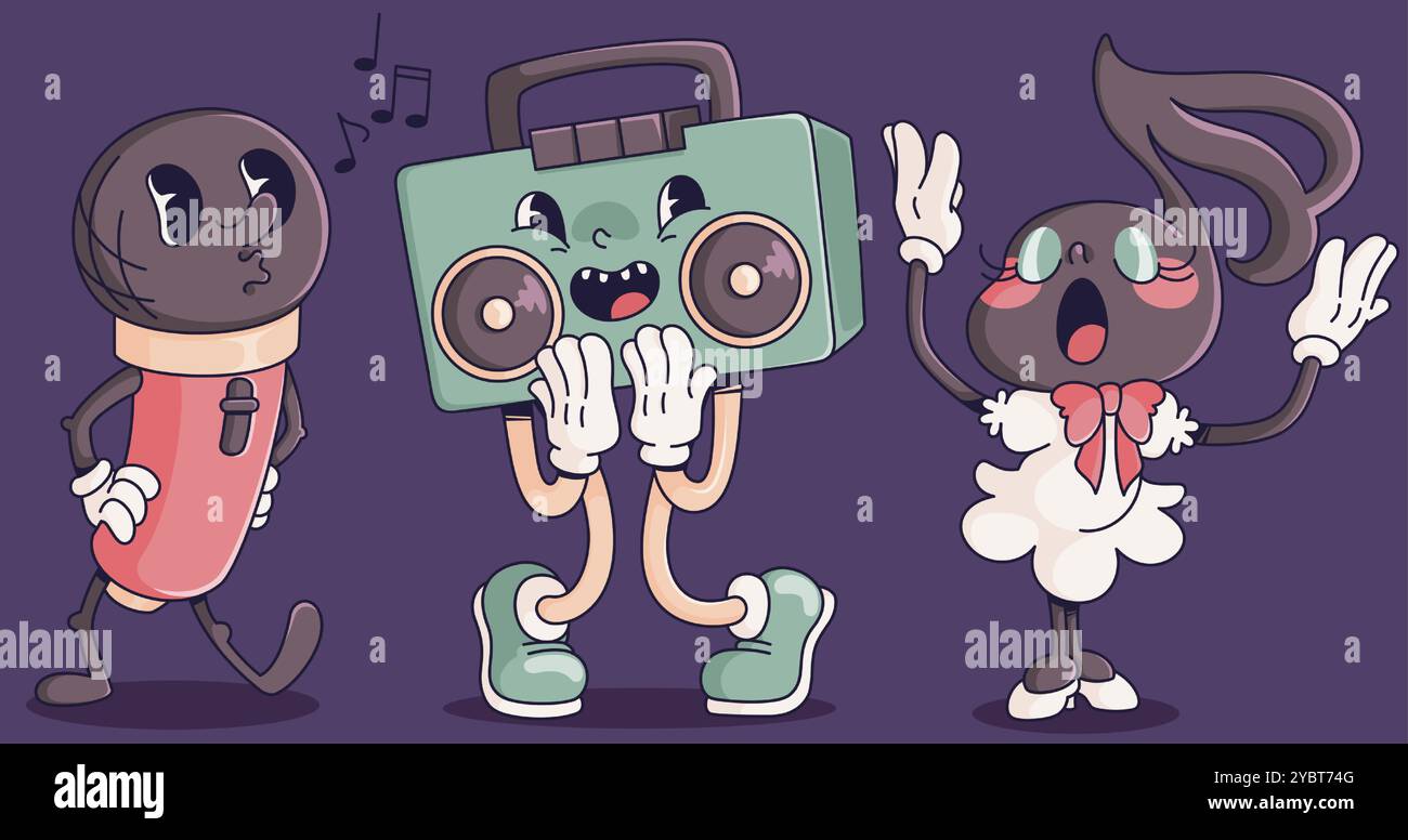 Retro 90s music disco dj character cartoon vector. Comic funny 80s radio mascot with vintage ...