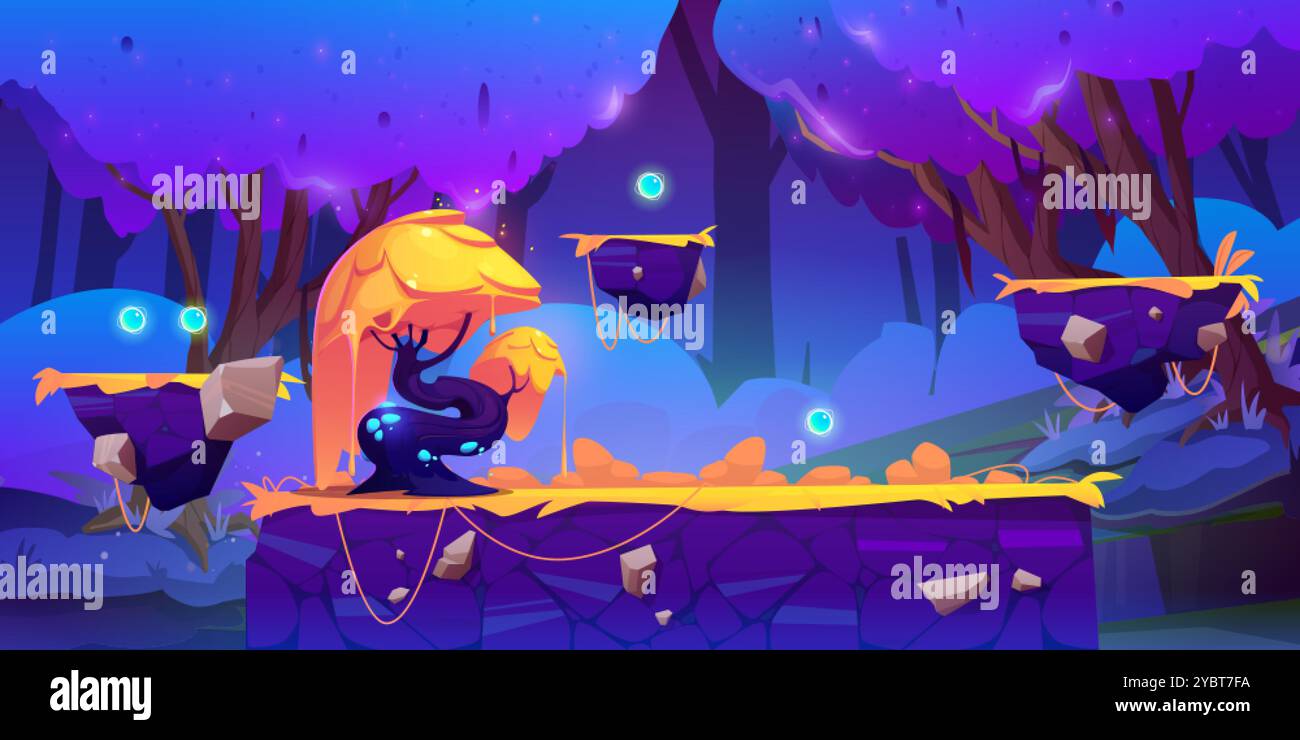 Game level landscape with ground platform and floating islands, magic ...
