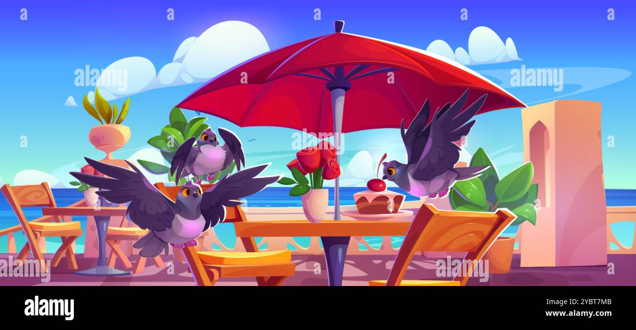 Pigeons sitting on table in seaside cafe. Vector cartoon illustration ...