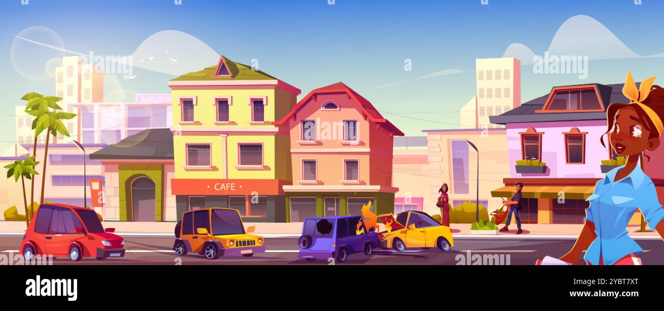 Car accident in modern city street. Vector cartoon illustration of ...