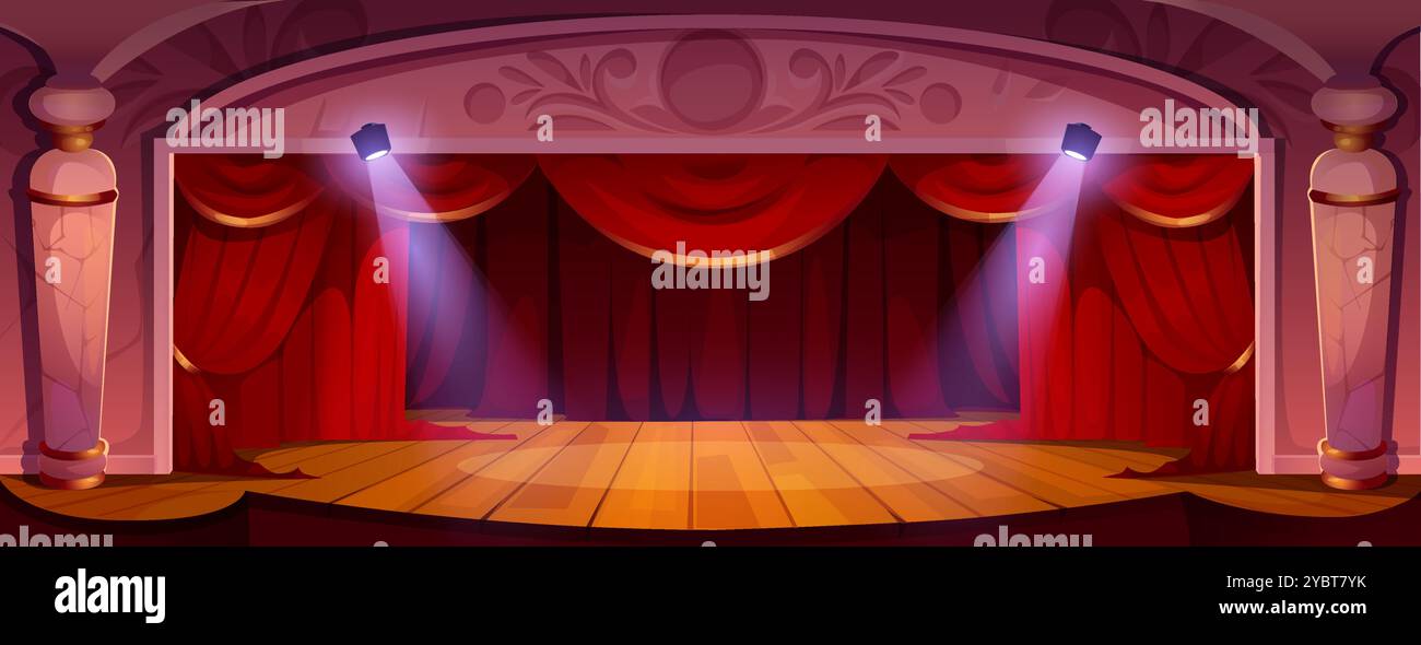 Empty theater stage with red curtains. Vector cartoon illustration of ...