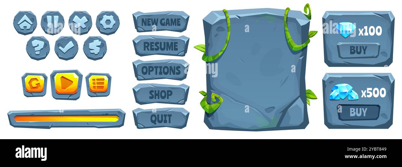 Jungle stone game ui buttons set isolated on white background. Vector ...