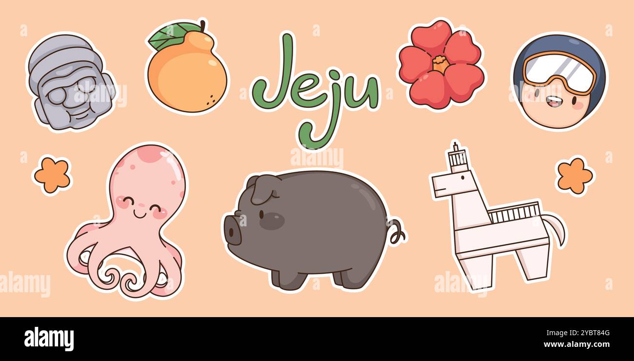 Jeju island traditional elements set - tangerine fruit, red camellia ...