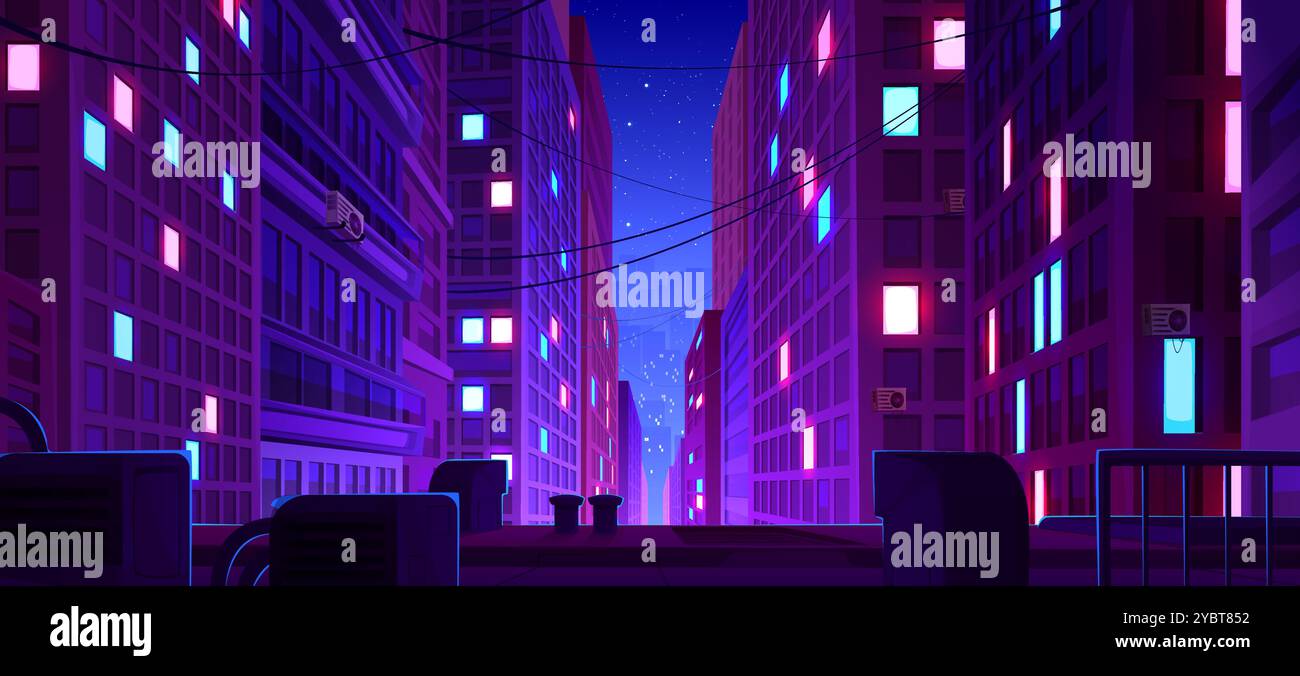 Night downtown street. Neon light city background. Perspective ...