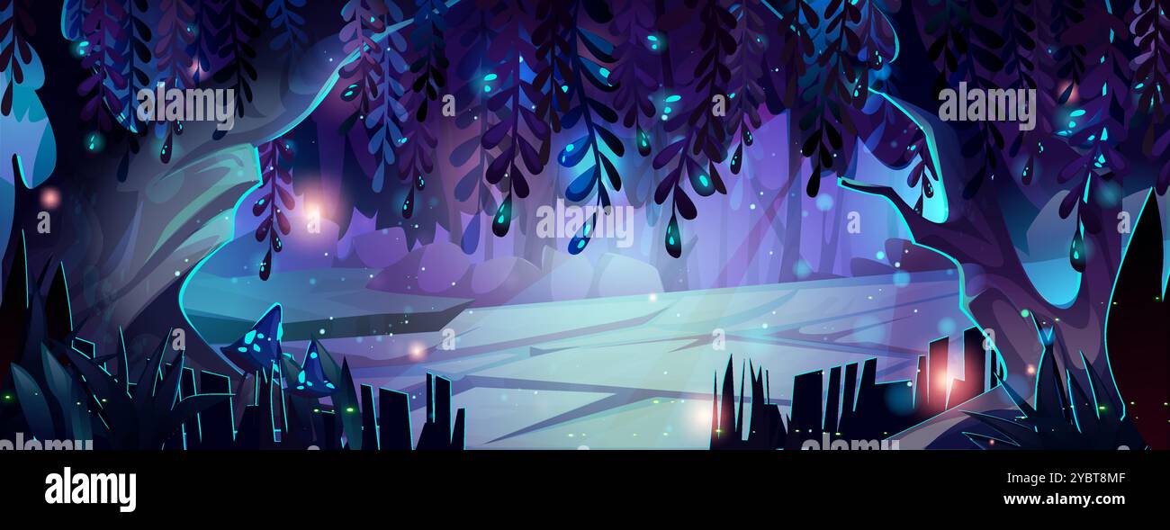 Magic fairy forest landscape with clearing among trees and bushes with ...