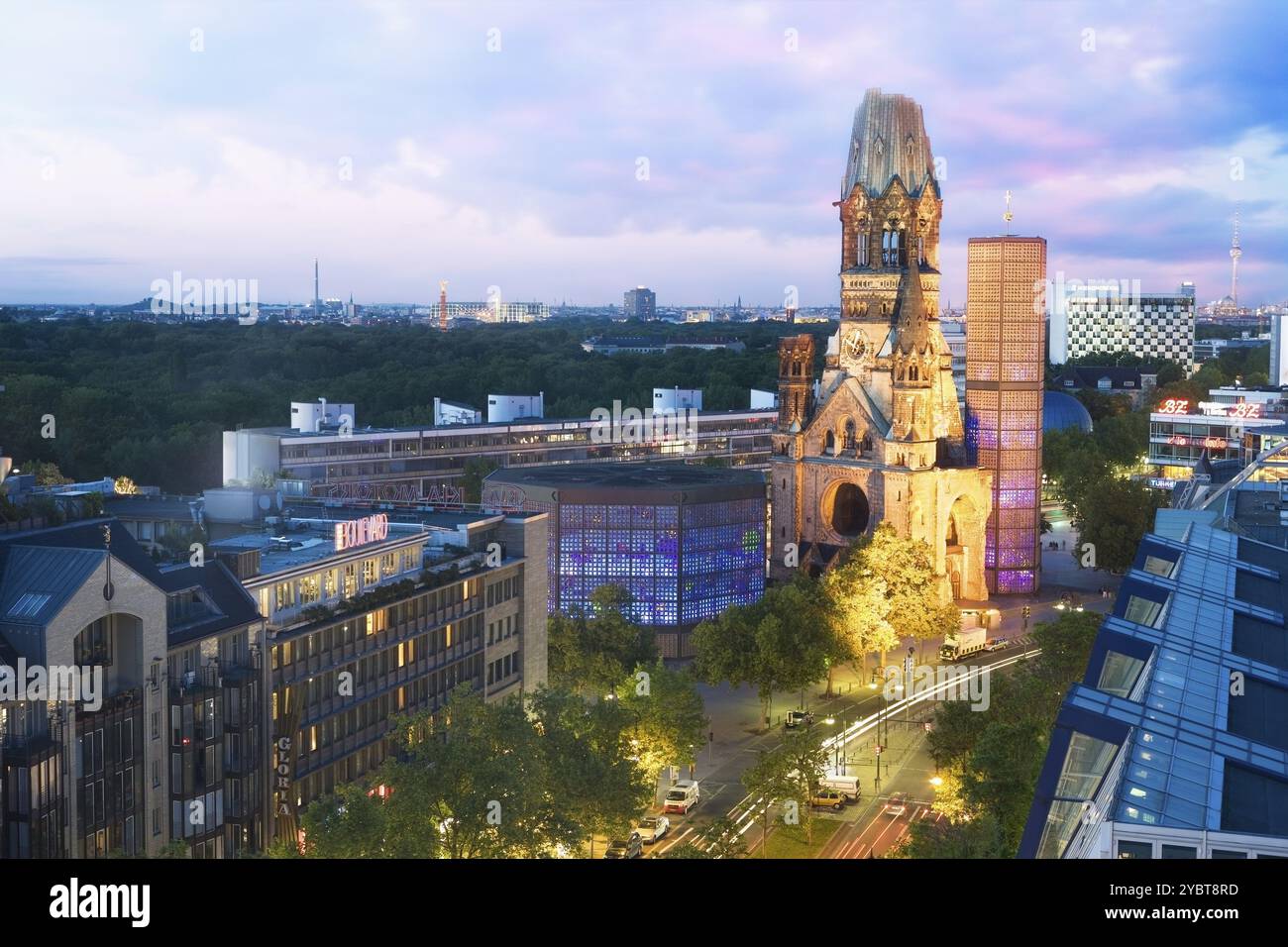 Elevated view of Kaiser Wilhelm Memorial Church at dusk. The memorial church is a famous ...