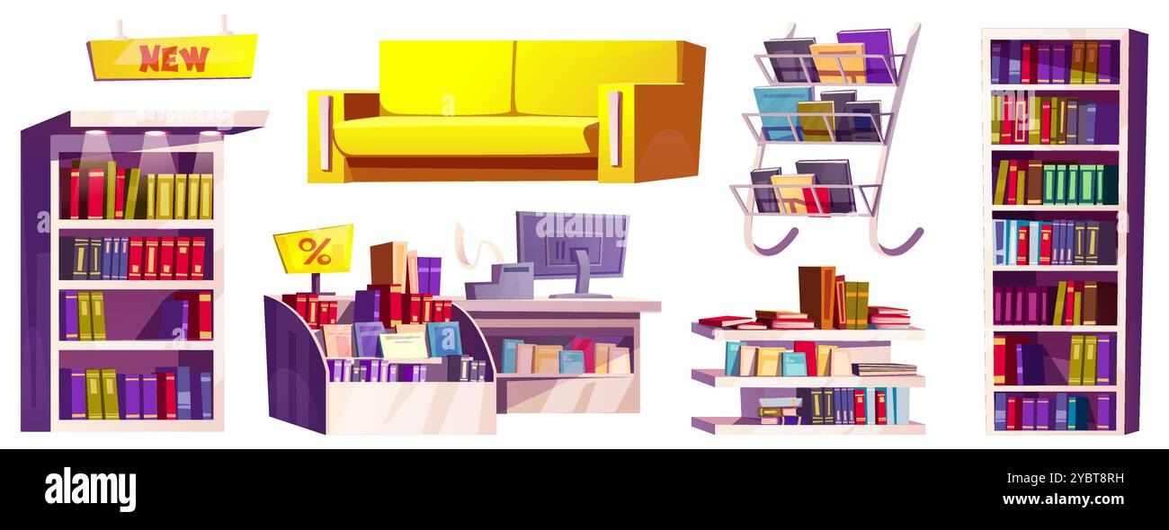 Bookstore furniture set isolated on white background. Vector cartoon ...