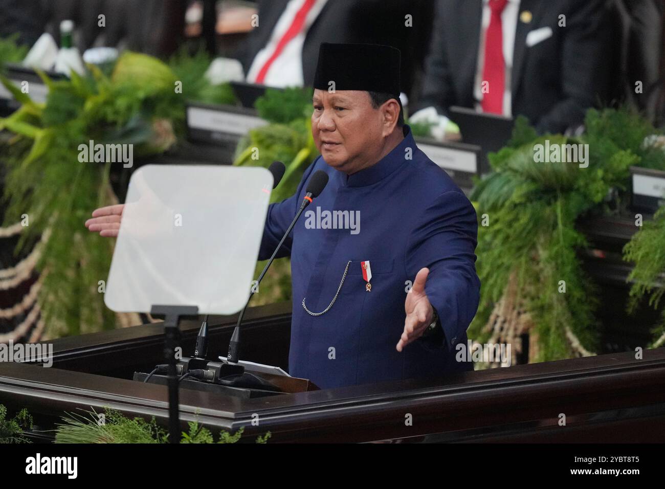 Indonesia's newly-inaugurated Indonesian President Prabowo Subianto delivers a speech during the ...