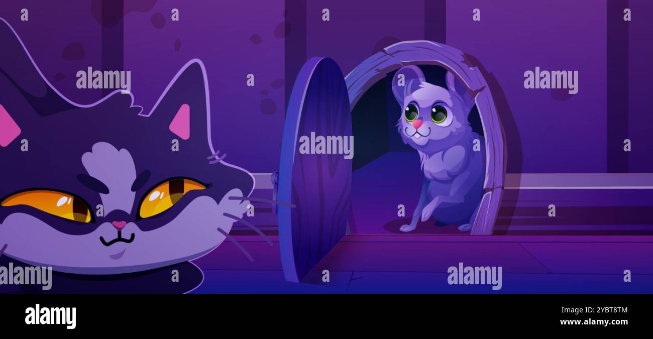 Cat lurk and track mouse near tiny arch entrance in baseboard with open ...