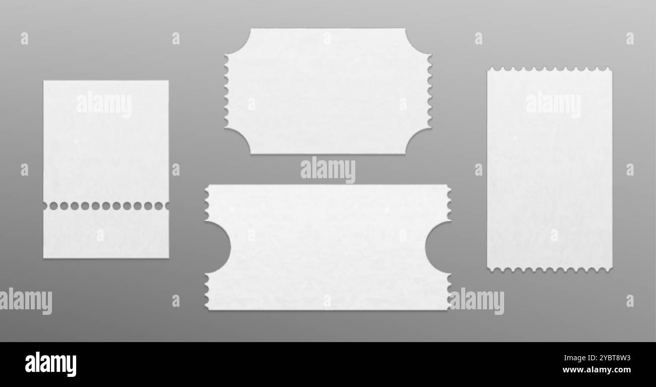 Blank tickets set isolated on background. Vector realistic illustration of white coupon mockup ...