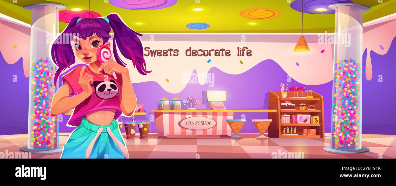 Cute young woman with lollipop in candy shop interior with different ...