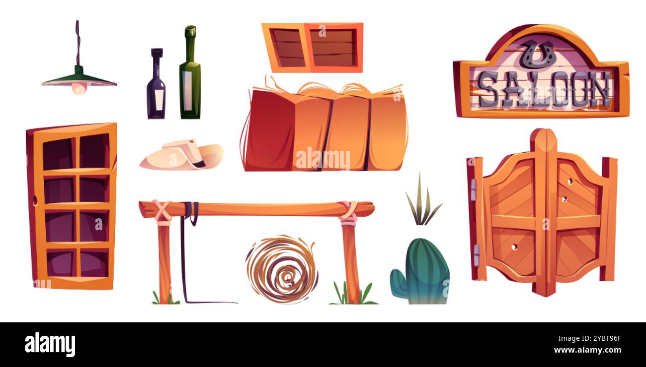 Western saloon elements set isolated on white background. Vector ...