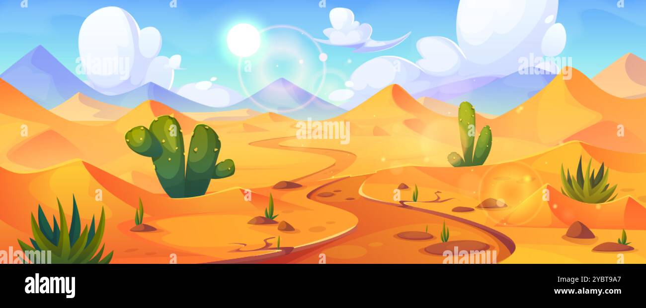 Sandy desert landscape with road perspective. Vector cartoon ...