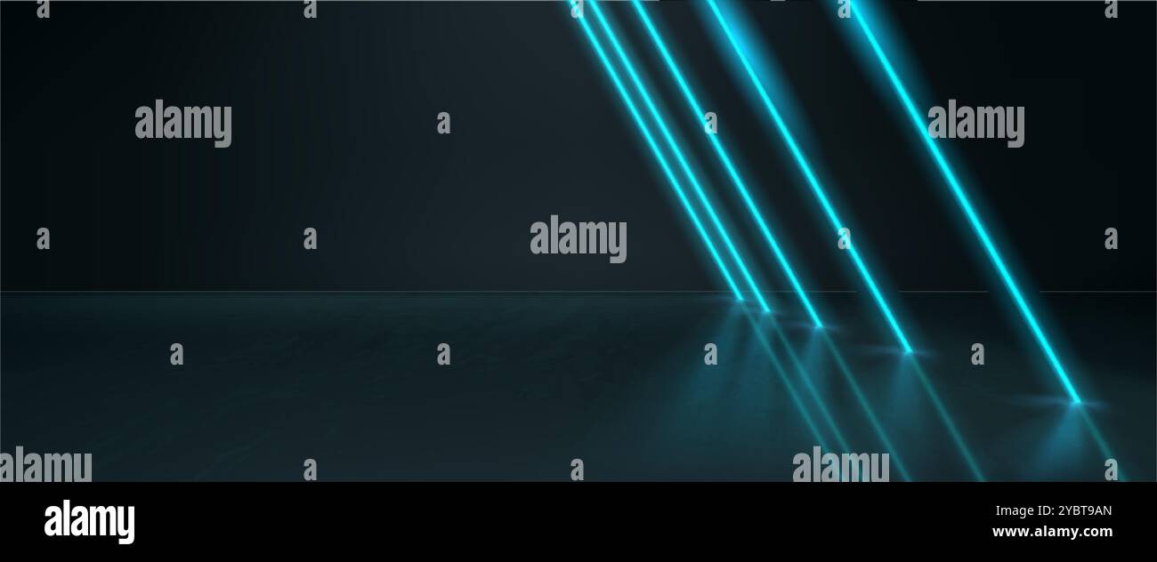 Show stage or catwalk with blue neon led lamp glow and reflections on ...