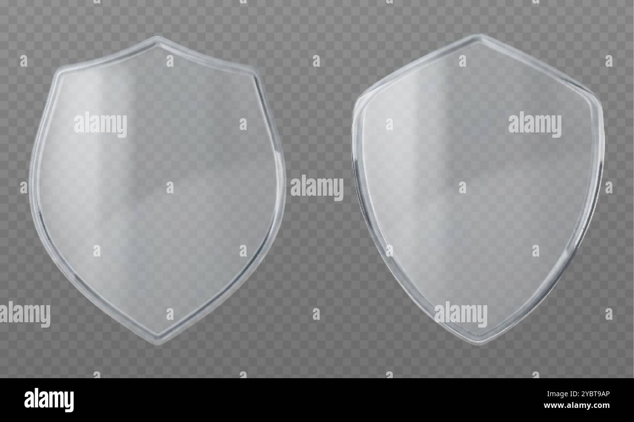 3D set of glass shields isolated on transparent background. Vector ...