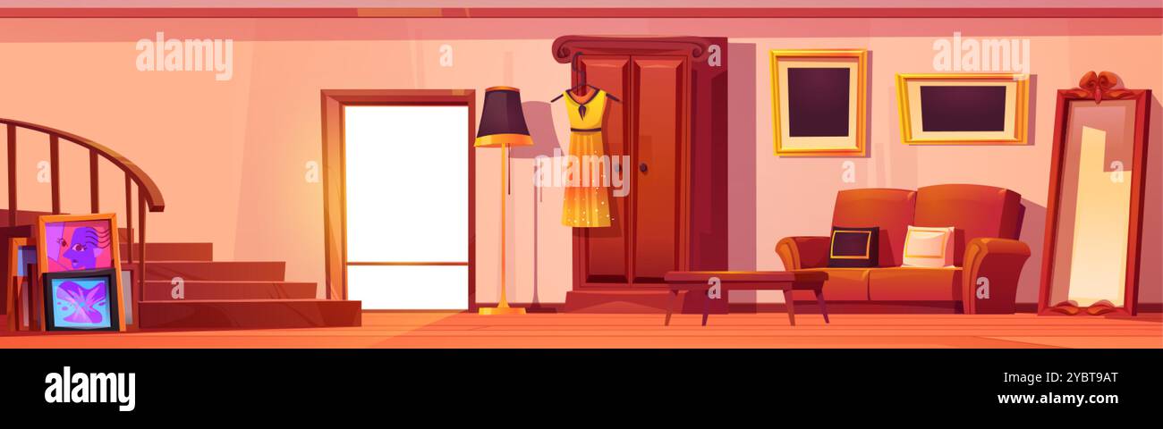 House hallway interior with furniture and stairs. Vector cartoon ...