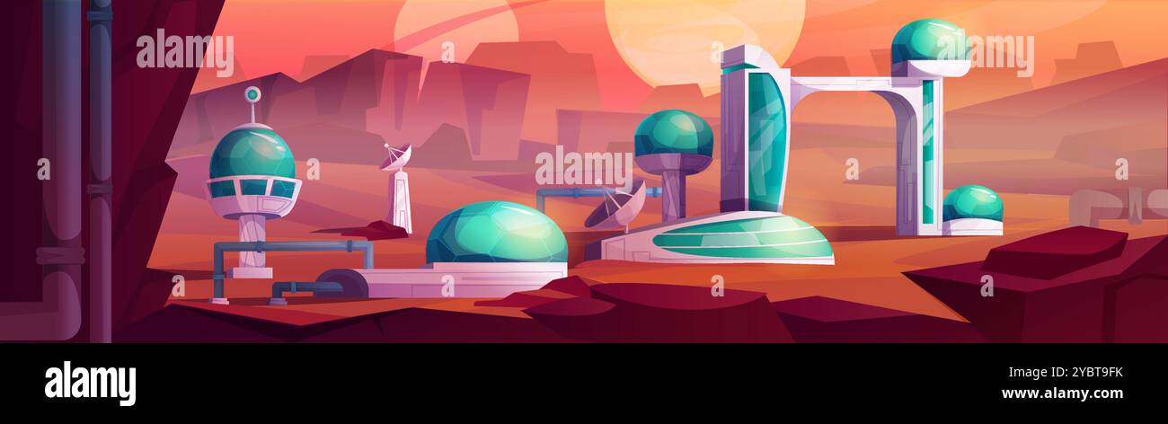 Outer space red alien planet surface with futuristic station or colony ...