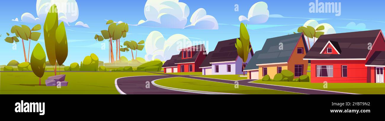 Suburban town street. Vector cartoon illustration of cozy rural ...