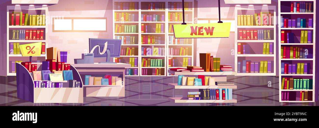 Bookstore interior with lots of paper hardcover books on shelves of racks and cabinets, counter ...