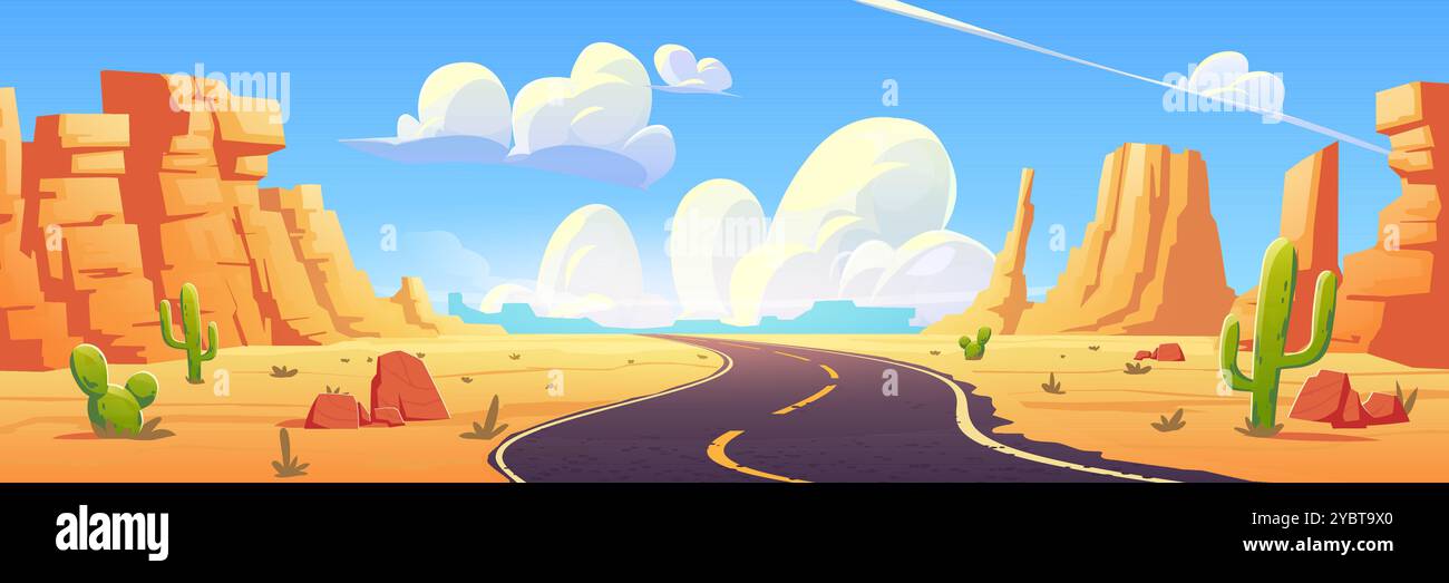 Western canyon road perspective. Vector cartoon illustration of sandy ...