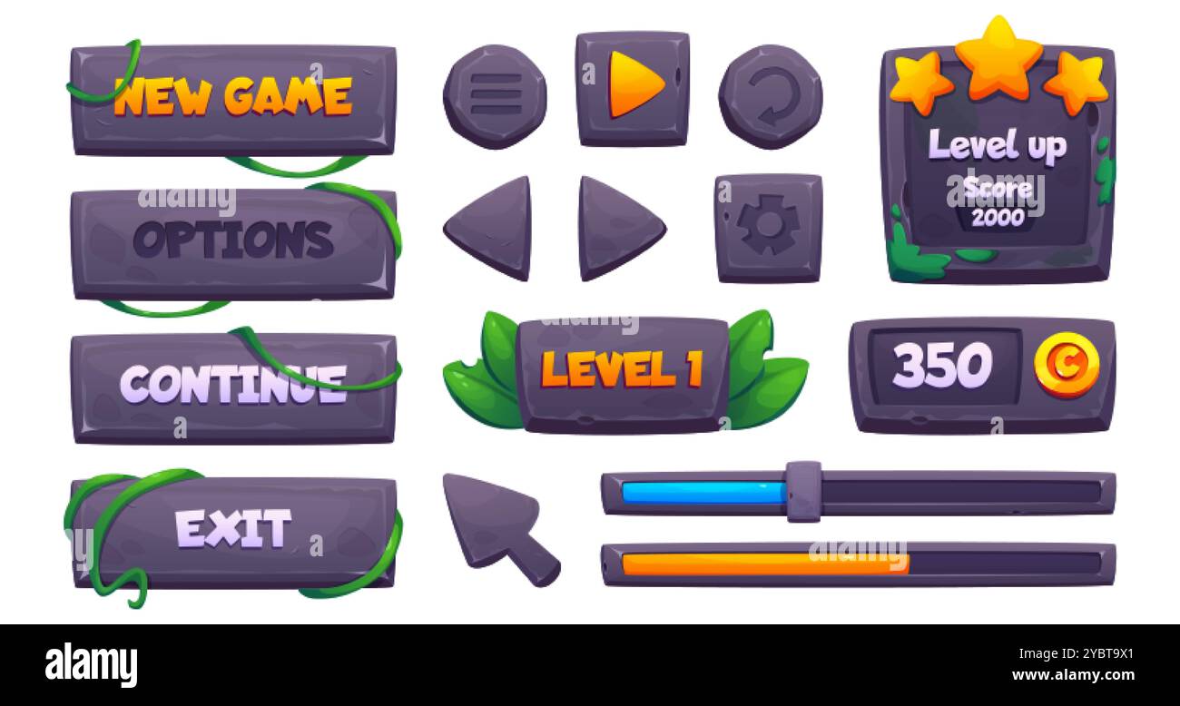 Stone game buttons set for ui design. Vector cartoon illustration of rock boards with green ...