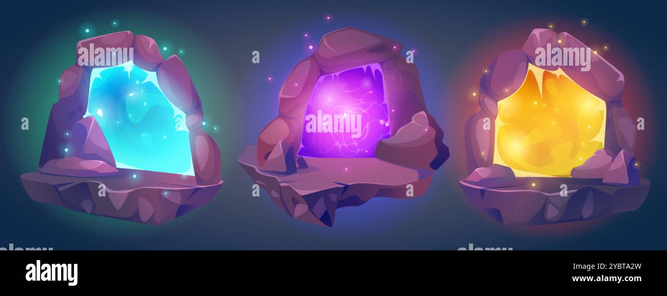 Stone arch fantasy door portal with magic neon glow. Game ui design of ...