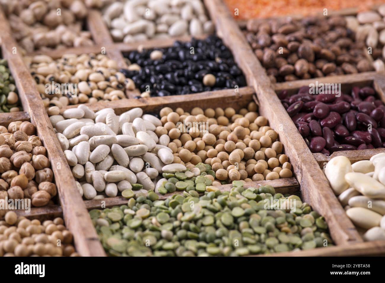 Presentation of mixed seeds of pulses in a display of wood Stock Photo ...