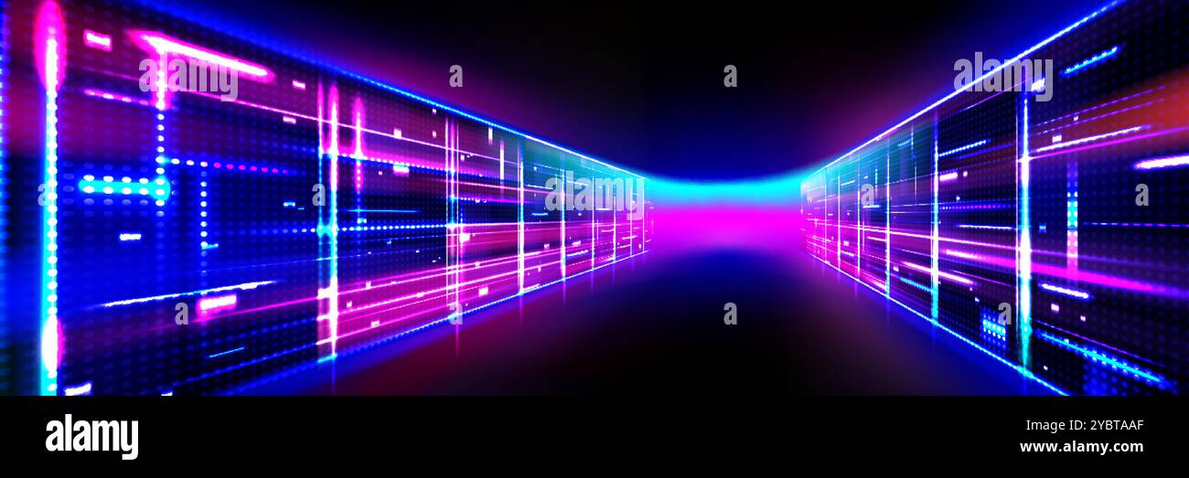 Abstract data center room with bright neon blue and pink light glowing ...