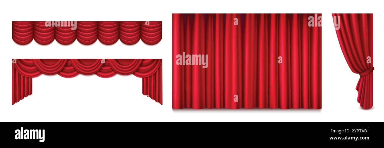 Red theater stage curtain closed and open, long and short top border ...