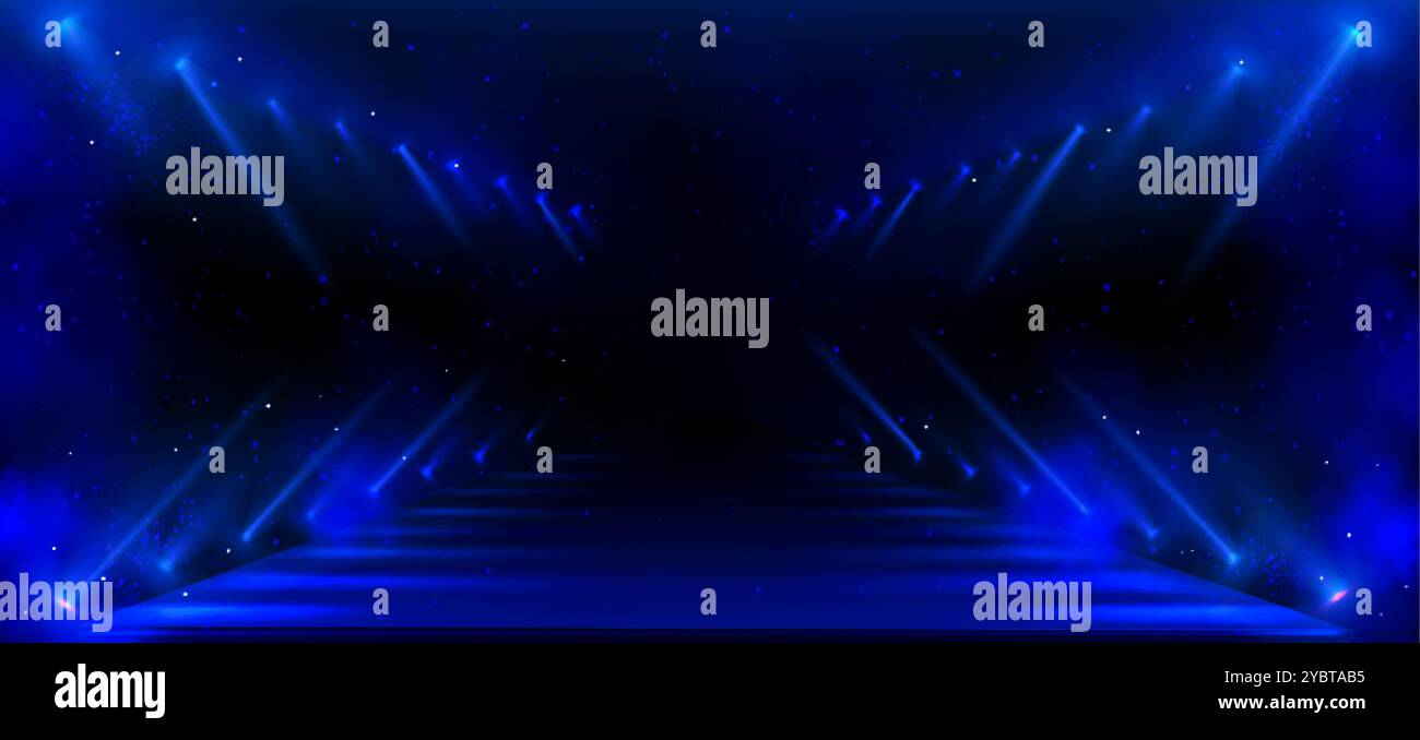 Black fashion runway hall with blue spotlight rays, smoke and glitter ...